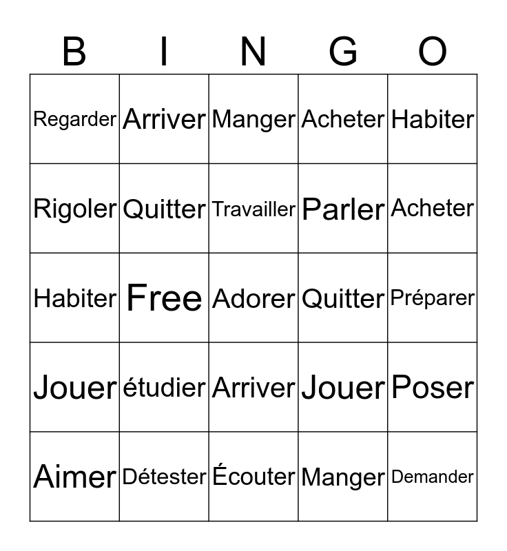 french Vocab Bingo Card