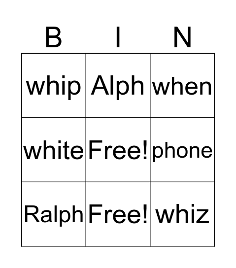 "wh" and "ph" Bingo Card