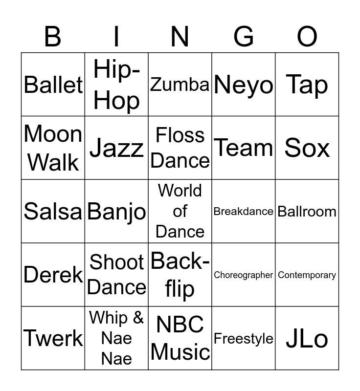 WOLRD OF DANCE BINGO Card