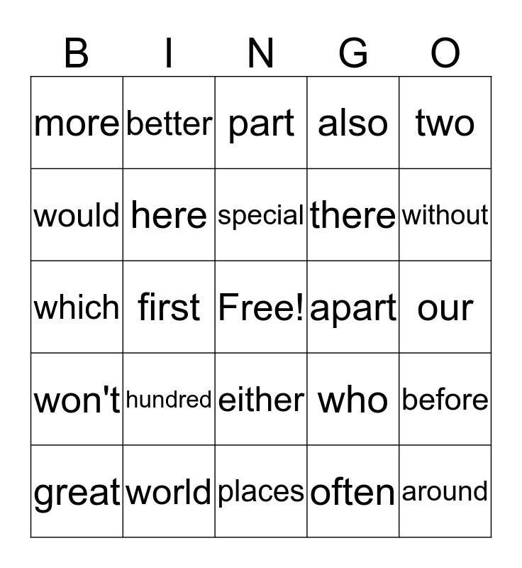 Second Grade High Frequency Words Bingo Card