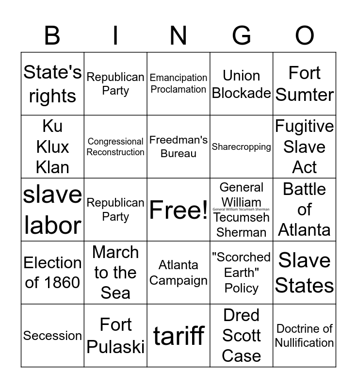 Civil War and Reconstruction Bingo Card