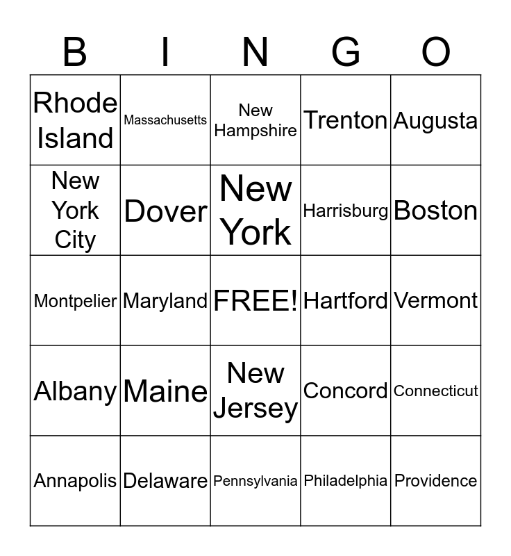 Northeast States/Capitals Bingo Card