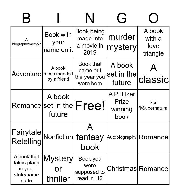 Pollock Reading Challenge 2019 Bingo Card