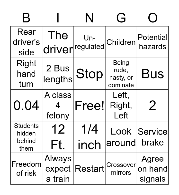 School Bus Safety Bingo Card