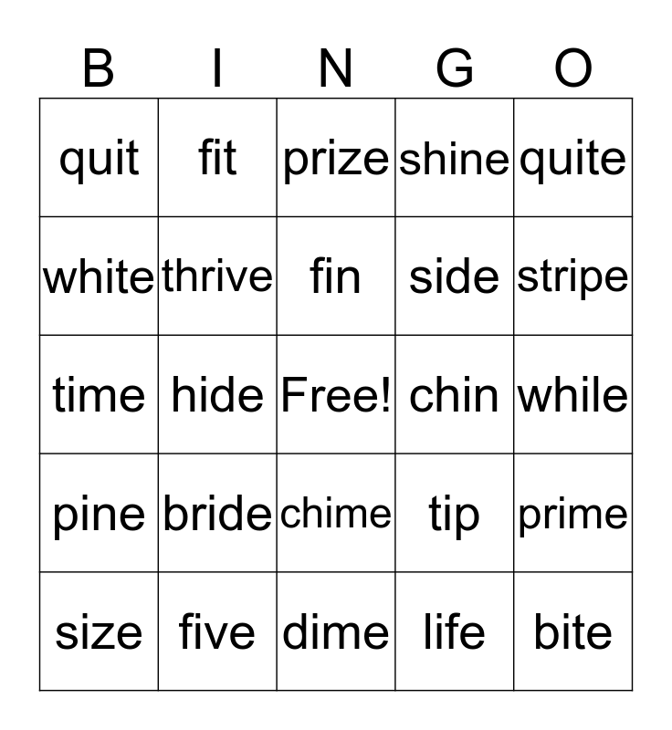Long /i/ Bingo Card
