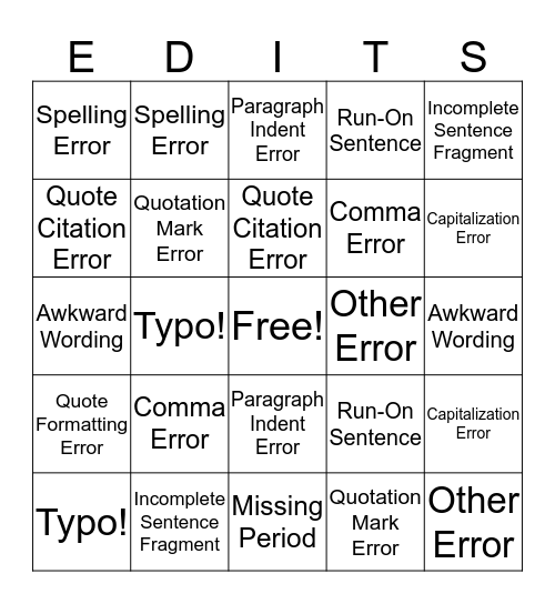 Editing Bingo Card
