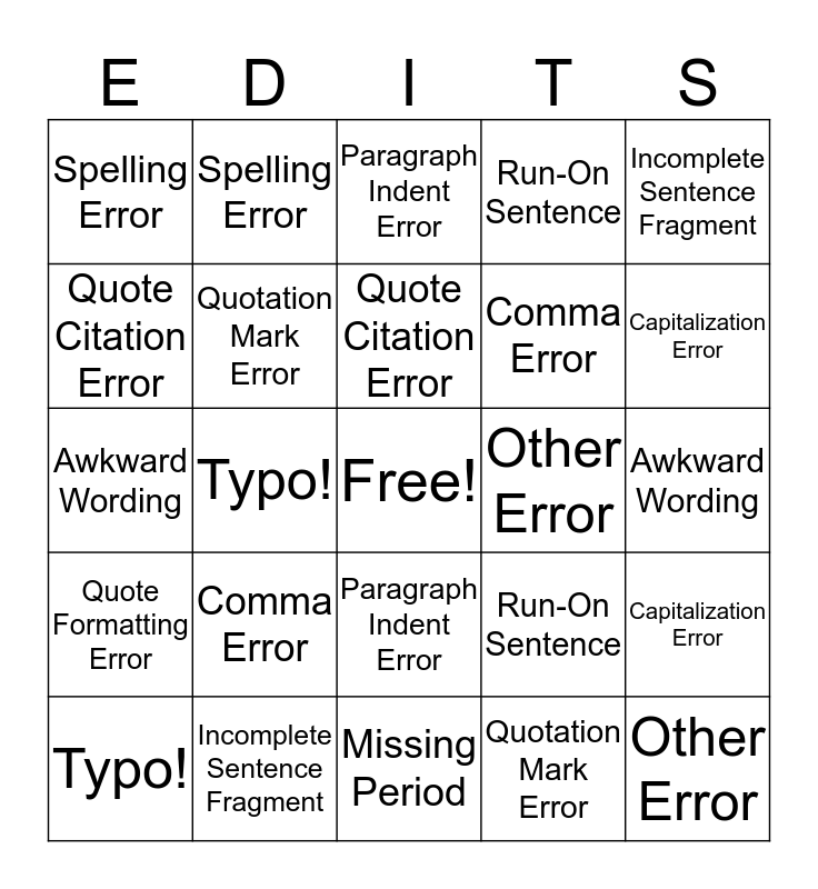 Editing Bingo Card