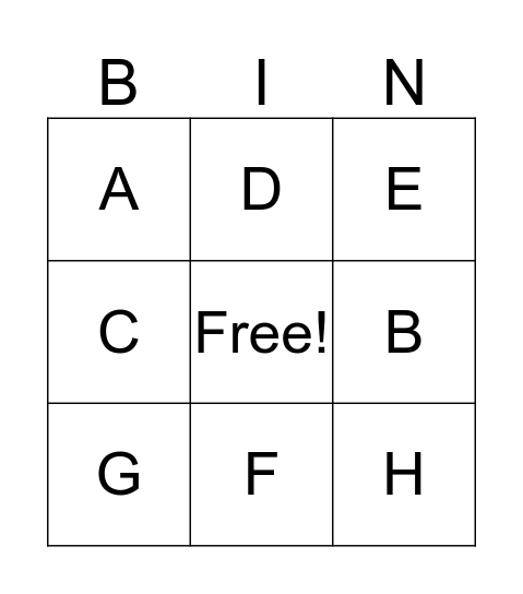 Alphabet A-H Bingo Card