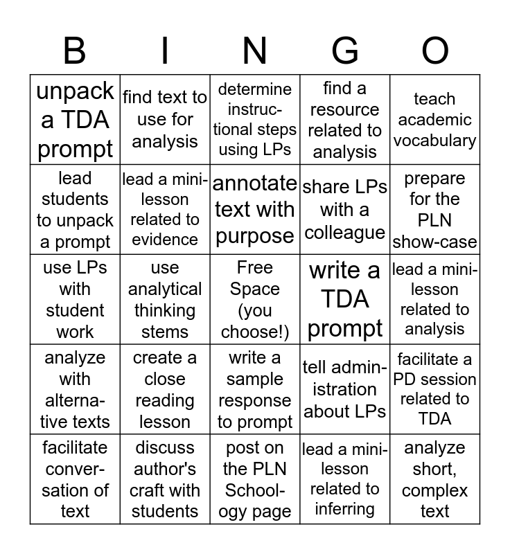 Text Dependent Analysis BINGO Card
