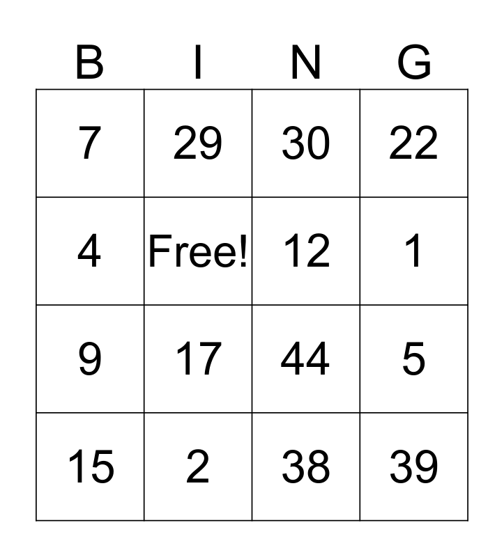 number Bingo 1 - 50 Bingo Card