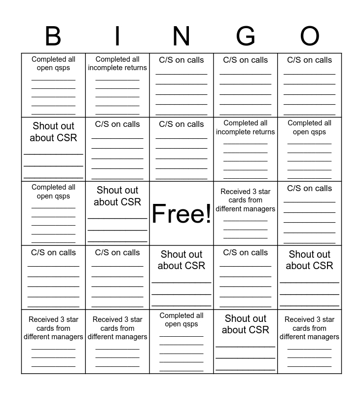 CSR Bingo Card