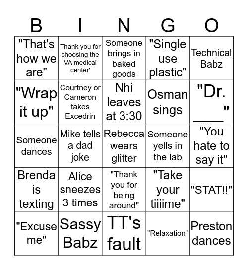 VA Lab Bingo Card
