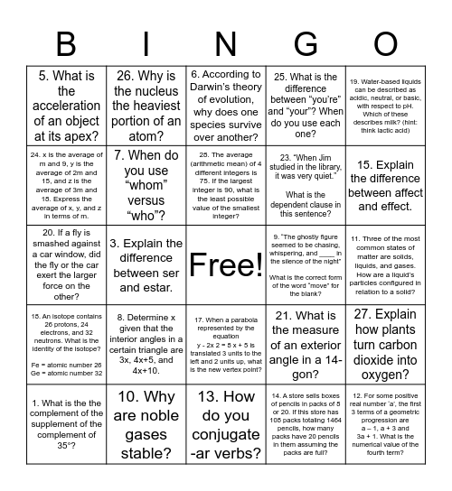 PEER TUTORS BINGO EXTRAVAGANZA!!!! Bingo Card