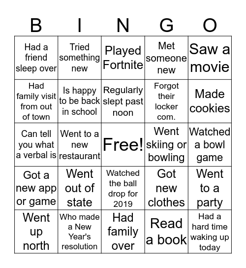 Holiday Break Bingo Card