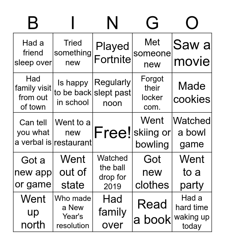 Holiday Break Bingo Card