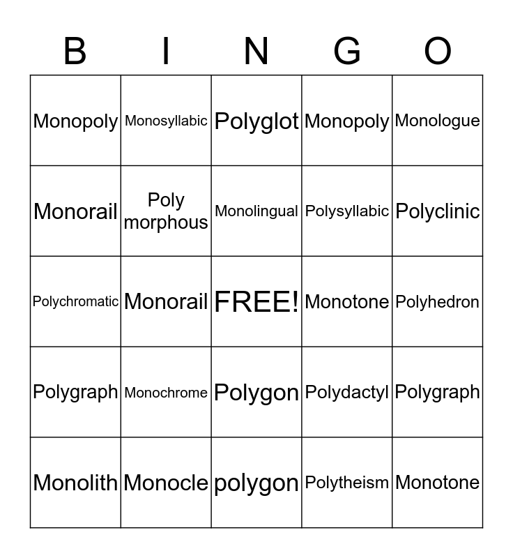 Prefixes Mono- and Poly- Bingo Card