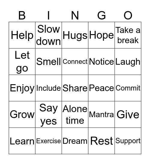 Wellbeing Bingo Card