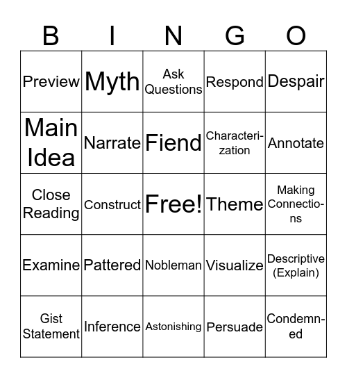 7th ELA 2019 Midterm Vocab BINGO Card