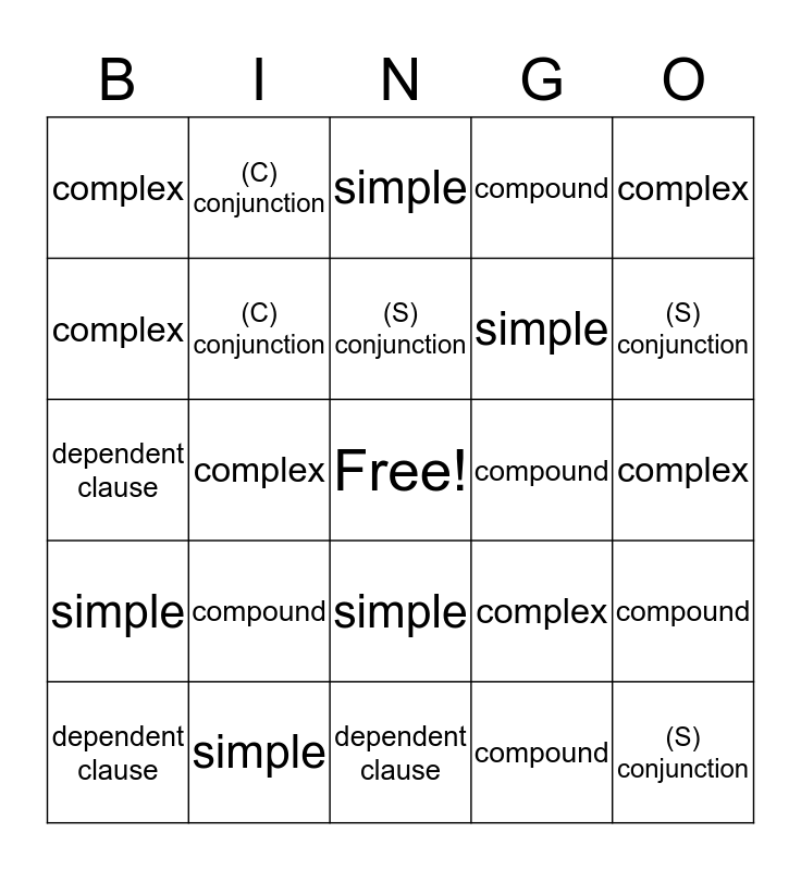 Types of Sentences Bingo Card