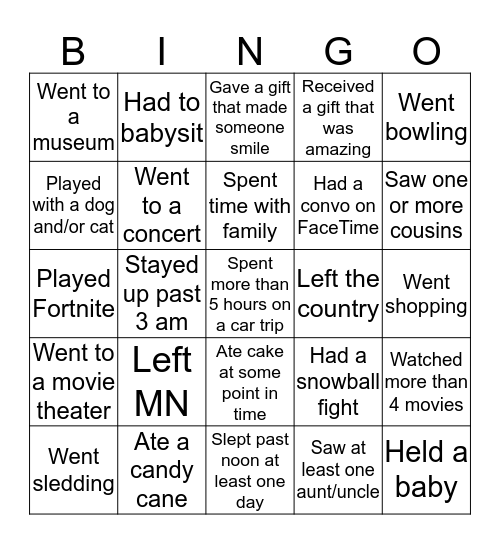 Over winter break...Find someone who.... Bingo Card