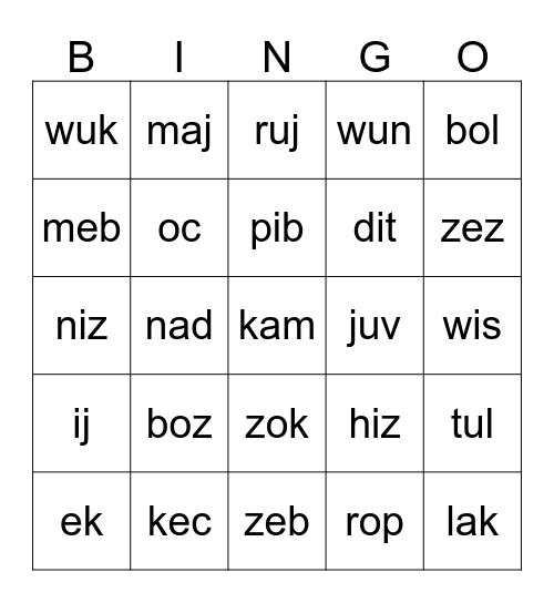 Nonsense Word BINGO Card