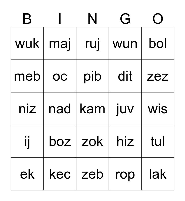 Nonsense Word BINGO Card