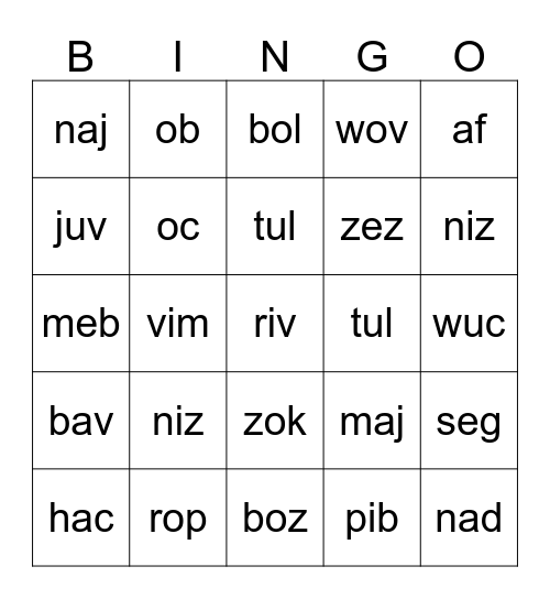 Nonsense Word BINGO Card