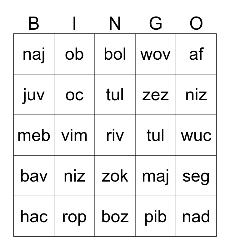Nonsense Word BINGO Card