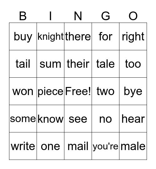 Homophones Bingo Card