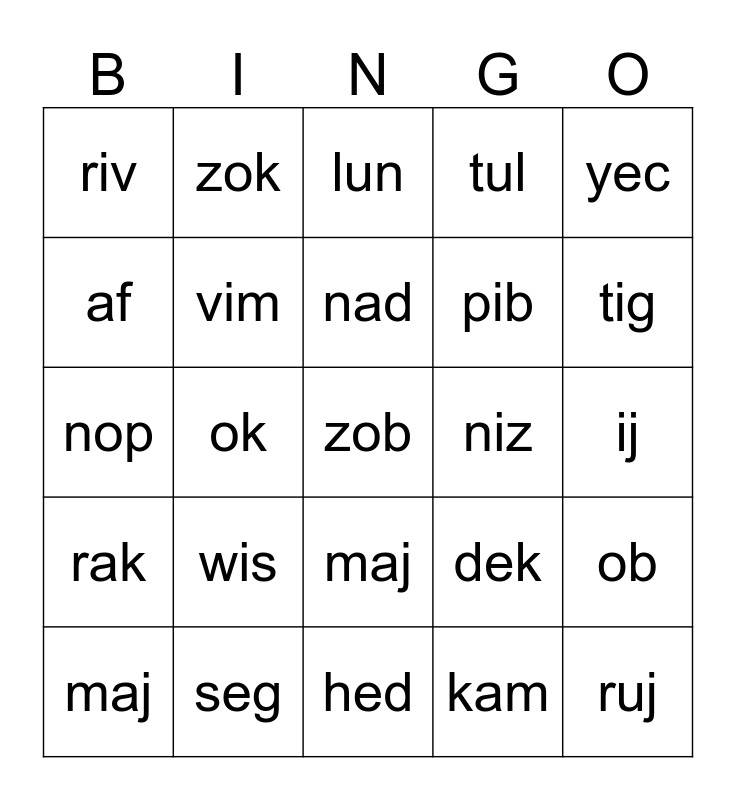 Nonsense Word BINGO Card