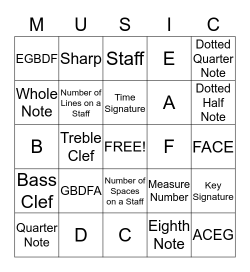 Music Theory Bingo Card
