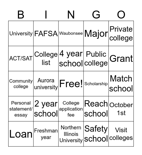 College Readiness Bingo Card