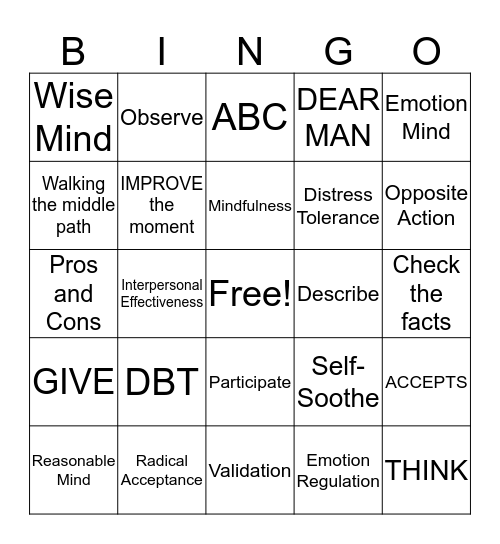 DBT Skills Bingo! Bingo Card