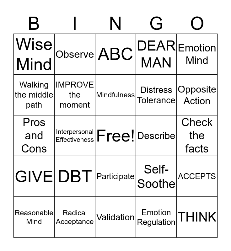 DBT Skills Bingo! Bingo Card