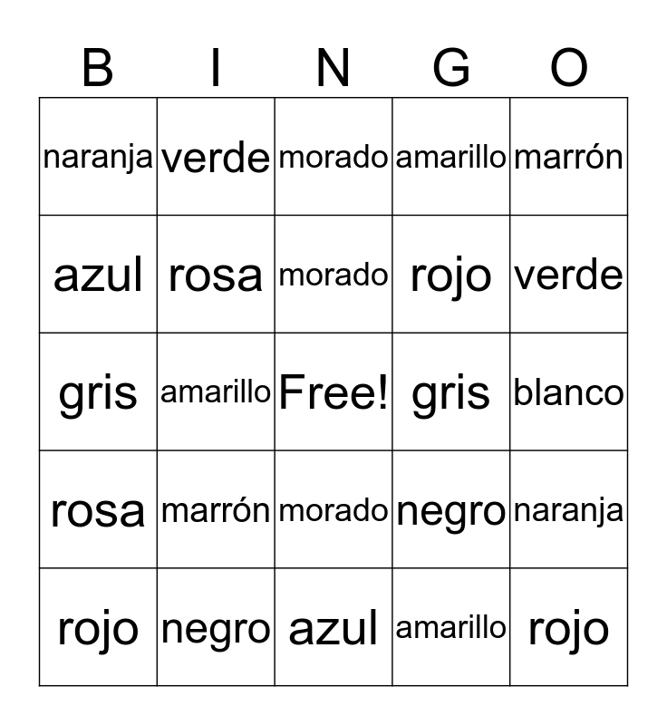 Los colores Bingo Card