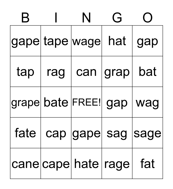 Cvc cvce Words With Vowel A Bingo Card Cvc cvce Words With Vowel A Bingo Card