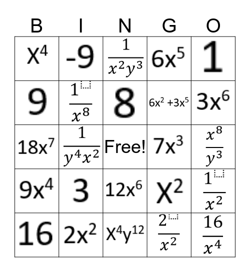 Algebra I Exponents Only Bingo Card