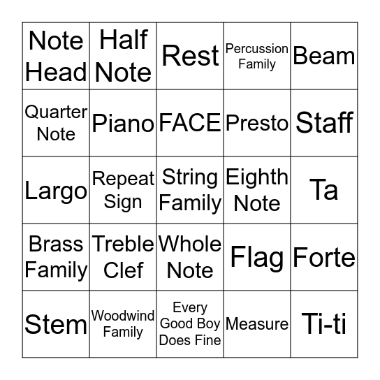 Music Notation Bingo Card