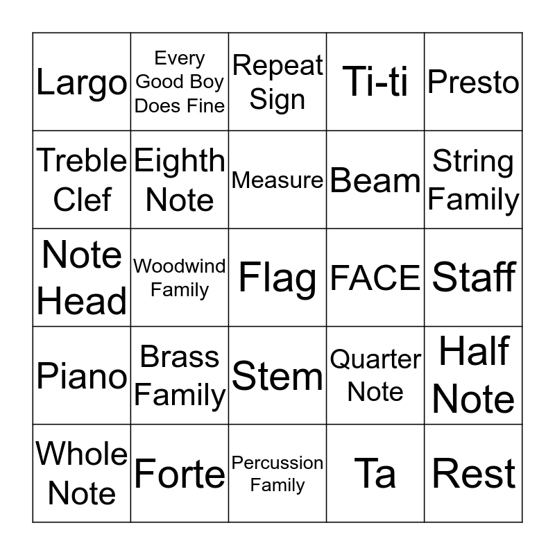 Music Notation Bingo Card