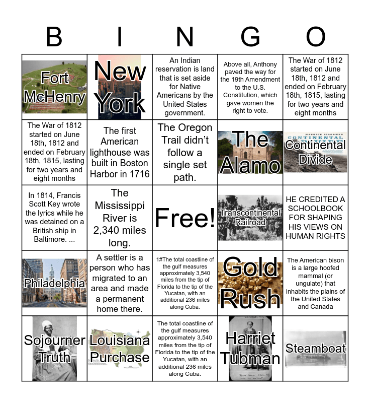 Westward Expansion Bingo Card