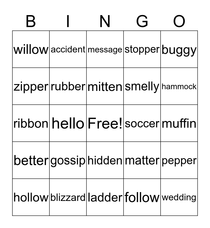 Double Consonants Bingo Card