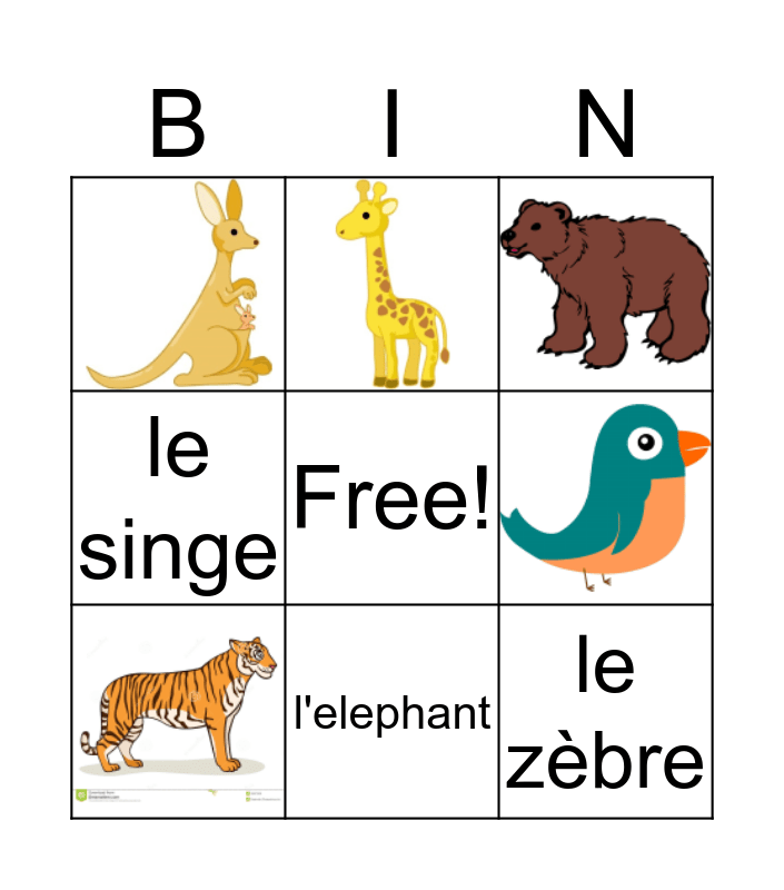LES ANIMAUX Bingo Card