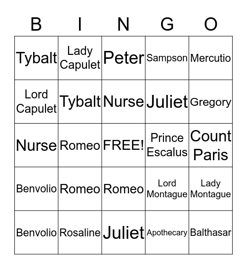 Romeo and Juliet Bingo Card
