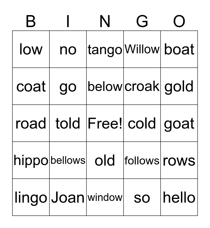 Long o (CV, and -old) and oa, ow Bingo Card
