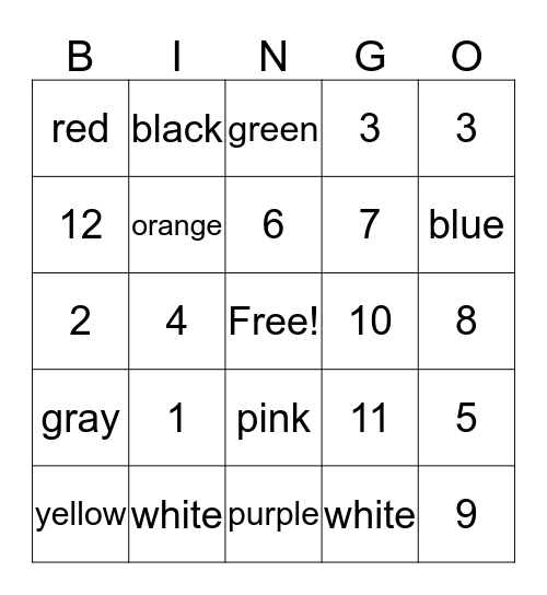 Numeros y colores Bingo Card