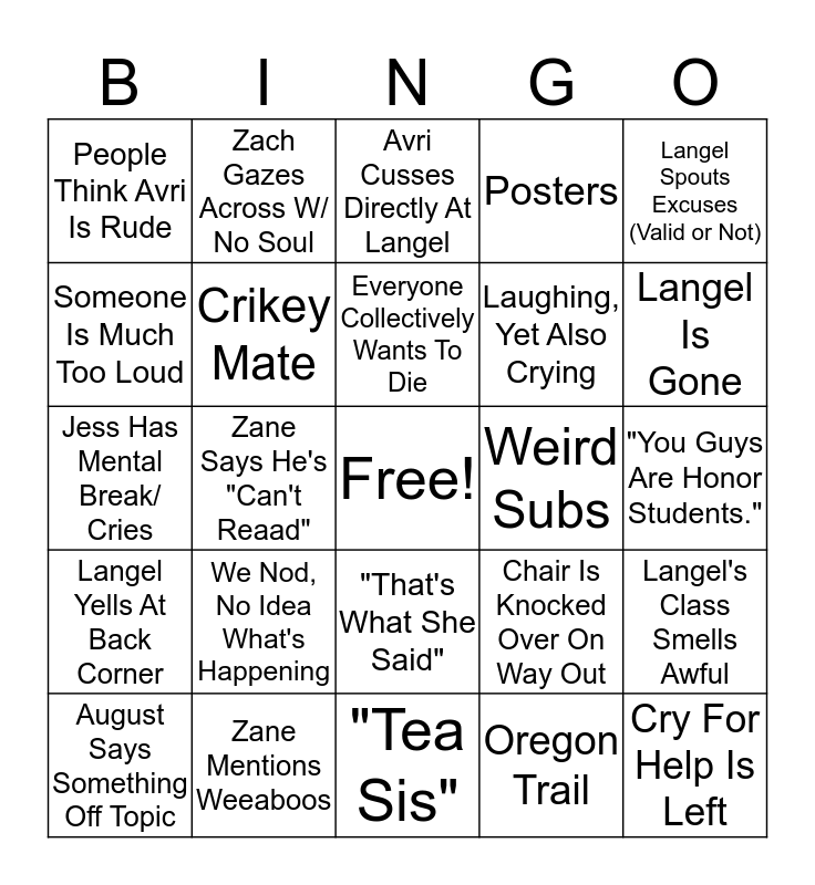Langel Hell Bingo Card