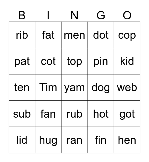 Short Vowel, Closed-Syllable BINGO Card