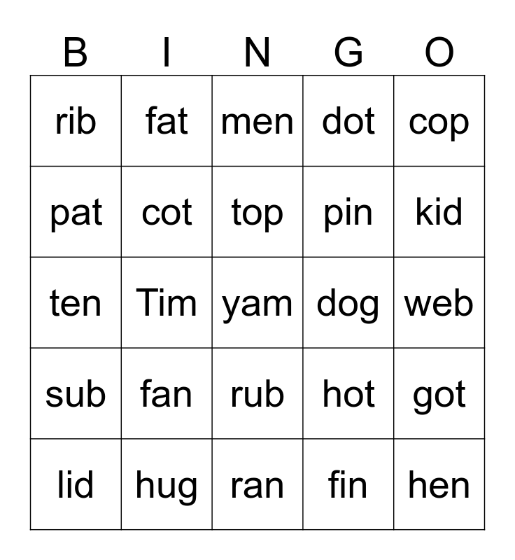 Short Vowel, Closed-Syllable BINGO Card