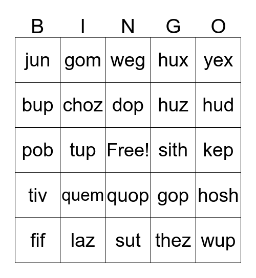 Nonsense words Bingo Card