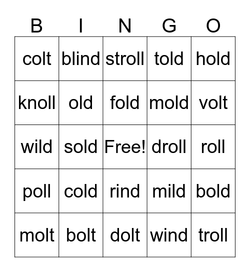 Wild Old Words! (Beware the closed syllable rule breakers!!) Bingo Card